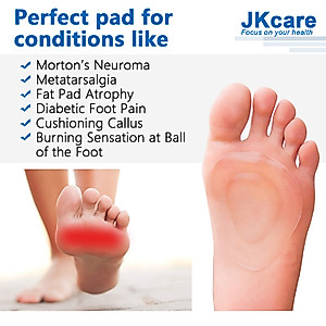 JKcare Gel Metatarsal Pads (Adhesive-Backed), Ball of Foot Cushions, Forefoot Support for Metatarsalgia, Morton’s Neuroma, Aching Feet Pain Relief- 6 Pack
