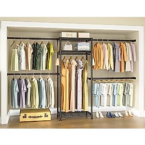 Ulif M3 Clothes Rack Closet Organizer and Storage System 3 Tiers Built-in Wall Mounted Heavy Duty Garment Rack with 4 Expandable Hanger Rods, Fits Space 4.3-9.3 ft, 72.2"H, Load Capacity 710LBS, Black