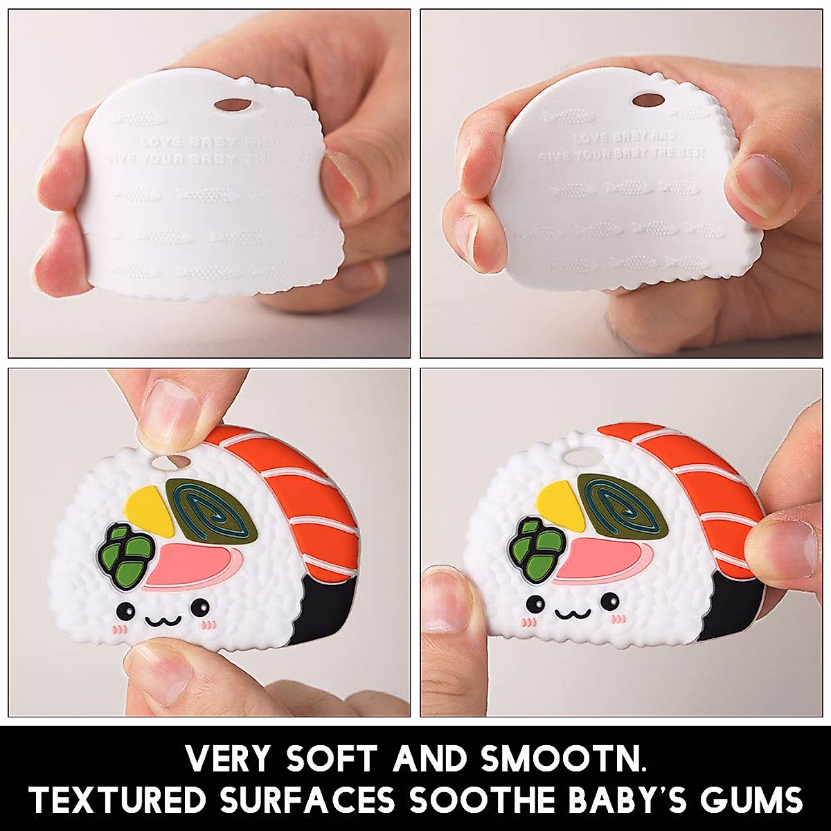 Baby Food Grade Silicone Teether Toy with Pacifier Clip Holder,Teething Pain Relief Toys Gift Set for 3 Months+ Boys and Girls,Freezer Safe,BPA Free (Sushi)