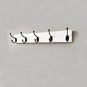 GIFTAYA Wood Coat Rack Wall Mounted - 22 Inches, 5 Hooks, Heavy Duty, for Coat Hat Towel Purse Robes Mudroom (White Base & Black Hook)