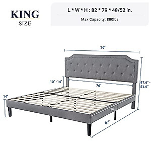 Allewie Upholstered King Size Platform Bed Frame with Adjustable and Curved Corner Design Headboard, Easy Assembly, No Box Spring Required, Light Grey