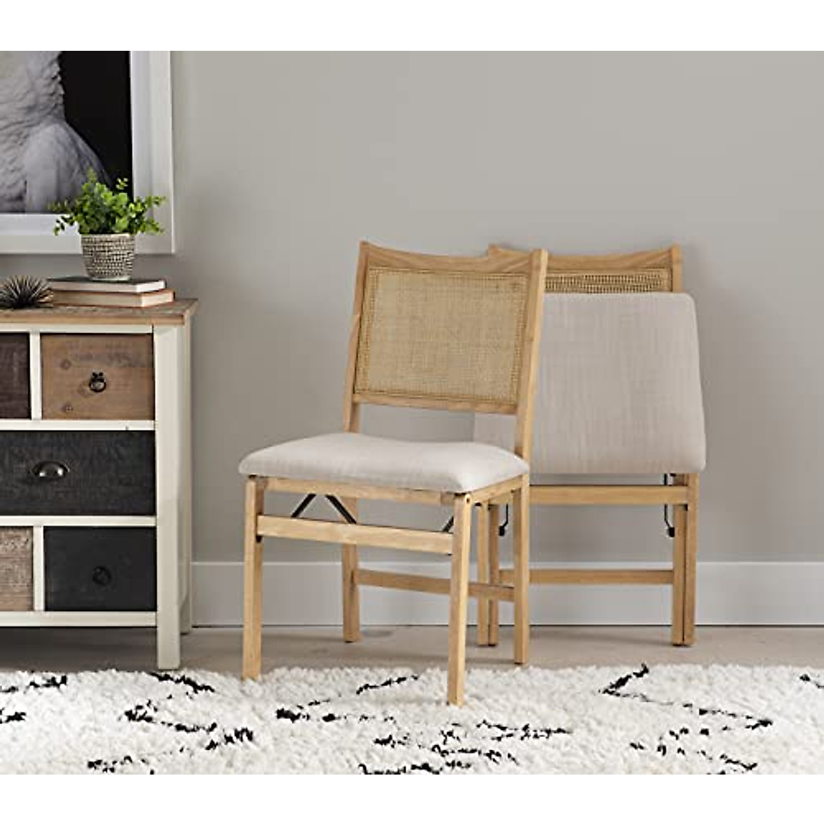 Powell Kasi Beige Rattan Cane Folding Foldable Dining Side Chair, Natural