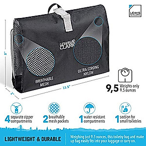 Lewis N. Clark Hanging Toiletry Bag for Travel Accessories, Shampoo, Cosmetics + Personal Items with Waterproof Compartment and Folding Design,Black