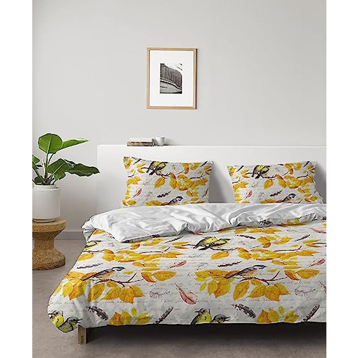 Bird Autumn Orange Leaves Feathers Seamless Duvet Cover Sets 4 Piece Full Ultra Soft Bed Quilt Cover Set for Kids/Teens/Women/Men,Country Pastoral Retro Envelope Bedding Collection All Season Use