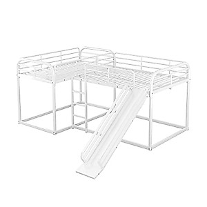 WOXYX Full and Twin Size L-Shaped Bunk Bed,Metal 4 Beds Frame with Slide and Short Ladder,Black