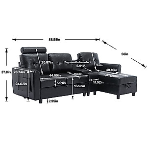 P PURLOVE L Shaped Sectional Sofa Couch,Modern Faux Leather Living Room Sofa, Modular 3 Seat Sofa Sectional with Storage and Cupholder for Apartment Office,(Black PU)
