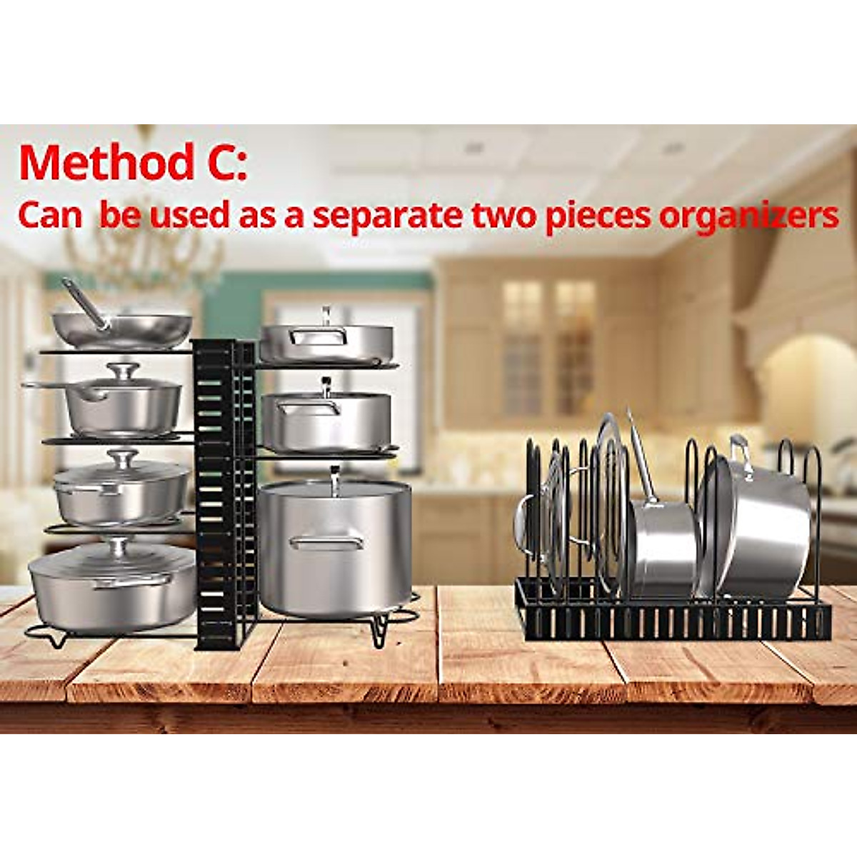 Vdomus Extensible Pot Rack Organizer with 4 DIY Methods Black & Adjustable 3 DIY Methods Pots and Pans Shelf