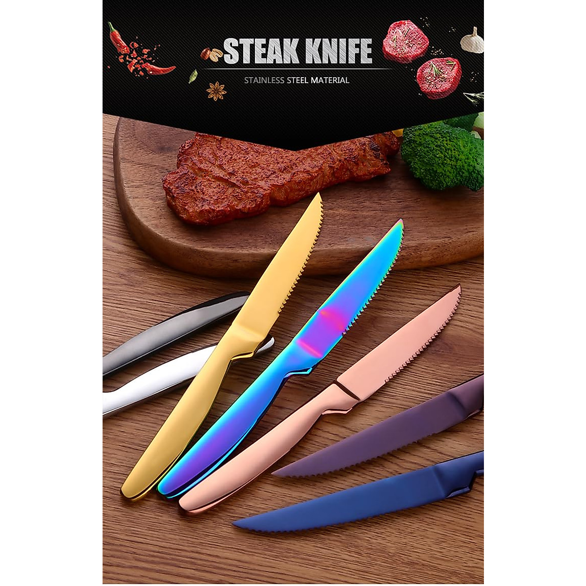 BISDARUN Steak Knife Set, 5 Piece Serrated Heavy Duty Stainless Steel Table Knife, One Piece Handle, Cuts Steak and Chicken, Bread (Rainbow Color)