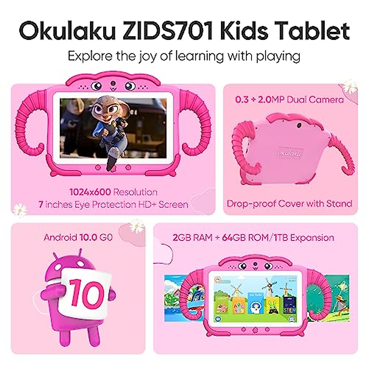Kids Tablet 7 inch Tablet for Kids 64GB Toddler Tablet with Case Software Installed, Kids Learning Tablet with WiFi for Boys Girls, Android Tablet with Dual Camera Parental Control YouTube Netflix