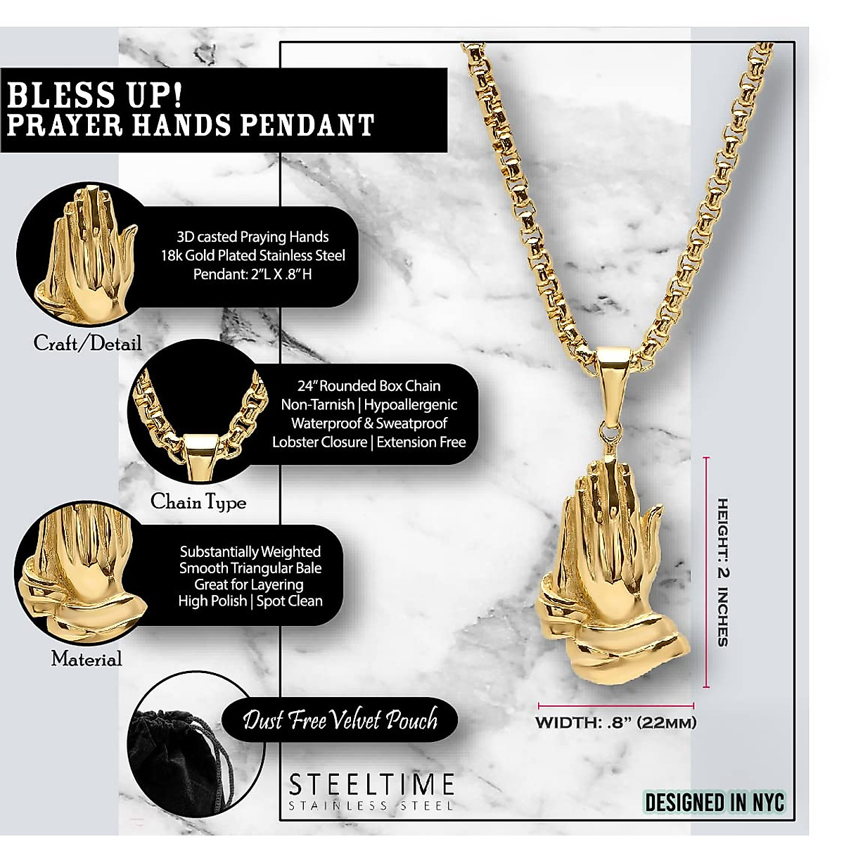 Steeltime 18K Gold Plated Stainless Steel Praying Hands Pendant with 24" Inch Box Chain Necklace | Serenity prayer necklace | Religious Necklace for Men & Women | Gold