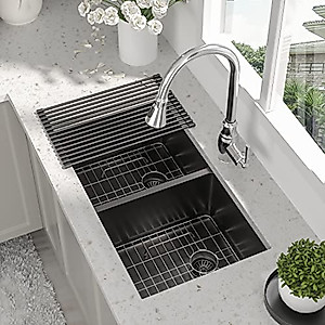 Beslend 33 Inch Black Undermount Kitchen Sink - 33”x19”x10” Stainless Steel Gunmetal Black 16 Gauge 10 Inch Deep 50/50 Double Bowl Kitchen Sink Basin