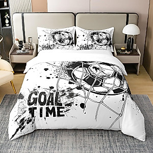 Kids Football 100% Cotton Comforter Cover Twin Size American Soccer Bedding Set Sports Games Duvet Cover For Boys Girls Children Teens Geometric Polygon Quilt Cover For Bedroom, Black White