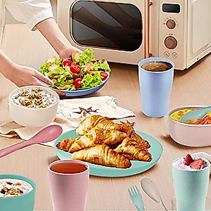 Plastic Plates and Bowls Sets, 20pcs Wheat Straw Dinnerware Sets, Kitchen Plates Cups and Bowls Set, Camping Reusable Plates and Bowls Sets, TIMDAM Lightweight Bowls, Unbreakable Dinner Plates