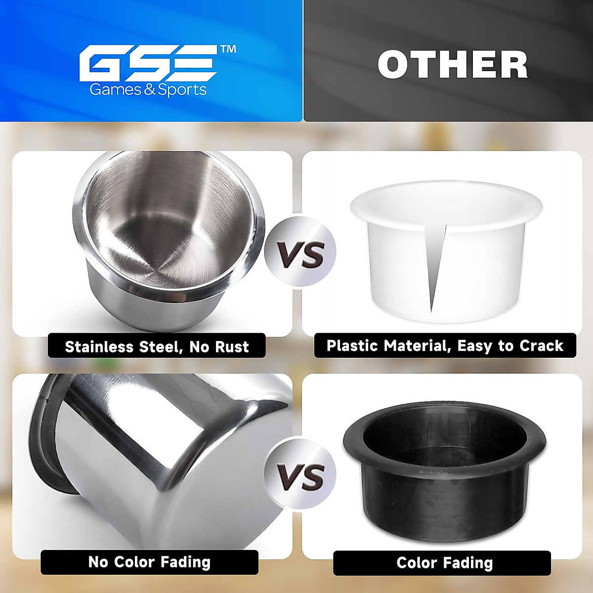 GSE Games & Sports Expert Stainless Steel Cup Holder, Drop-in Cup Holder for Casino Poker Tables, Work Desks, Boats, RVs, Cars & Trucks (10-Pack)