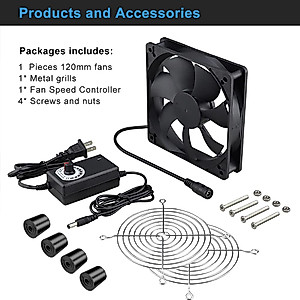 Wathai 120mm x 25mm AC Powered Computer Fan with AC Plug 110V 120V 220V 240V Variable Speed Controller 3V to 12V, for Biltong Box Greenhouse Receiver Amplifier Xbox DVR Playstation Component Cooling