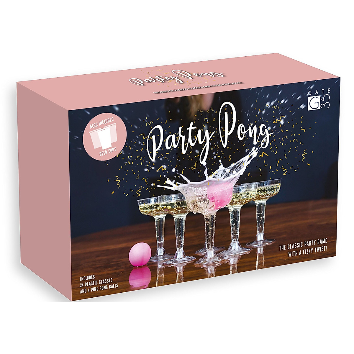 Party Pong™ Ultimate Upmarket Beer Pong Drinking Game with 12 Plastic Champagne Glasses and 4 Ping Pong Balls