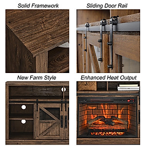VZADGWA Farmhouse TV Stand with Electric Fireplace for 60" 65" 70” TV, Industrial Sliding Barn Doors TV Cabinet with Storage Media Entertainment Center for Living Room, CSA/UL Certified, Brown