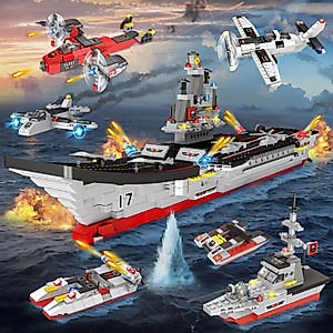 WishaLife 8 in 1 City War Military Aircraft Carrier Toy Building Blocks Set, with Army Truck Toys, Car Toys, boat Toy, Airplane Toy, Helicopter Toy, WW2 Construction Toys Gift for Kids Boys Age 6 Plus