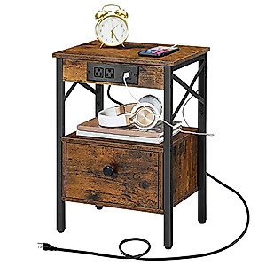 HOOBRO Nightstands Set of 2 with Charging Station, End Table with Drawer, USB Ports and Power Outlets, Farmhouse Nightstand Sofa Table for Bedroom, Space Saving, Rustic Brown and Black BF128UBZP201G1
