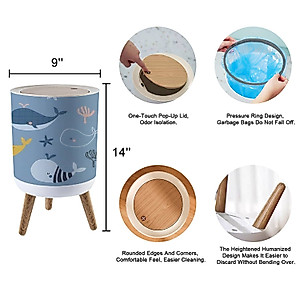 7L/1.8 Gallon Garbage Can with Press Top Lid Seamless childish with funny whales Creative scandinavian kids texture Trash Bin with Wooden Legs Dog Proof Round Trash Can for Kitchen Outdoor Bathroom