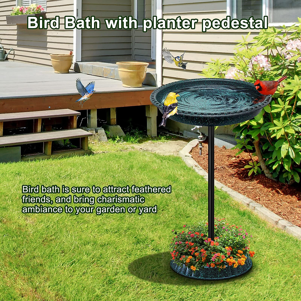 GESAIL Bird Baths for Outdoors, Lightweight Plastic Planter Pedestal Bird Bath with Metal Stake Decoration Bird Bath Planter for Lawn Patio Yard Garden, Spotted Green