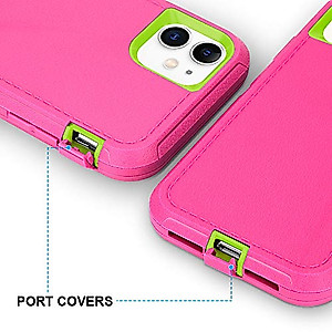 CAFEWICH iPhone 11 Case, Heavy Duty Shockproof 3-Layer Full Body Protective High Impact Tough Hybrid Rubber Rugged Durable Phone Cover for iPhone 11 6.1'' - Hot Pink Green