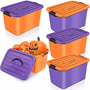 Abbylike 37 Quarts Halloween Storage Bin Holiday Seasonal Storage Totes with Lids Orange Purple Halloween Ornament Storage Containers for Halloween Home Organization Holiday Decoration(4 Pack)