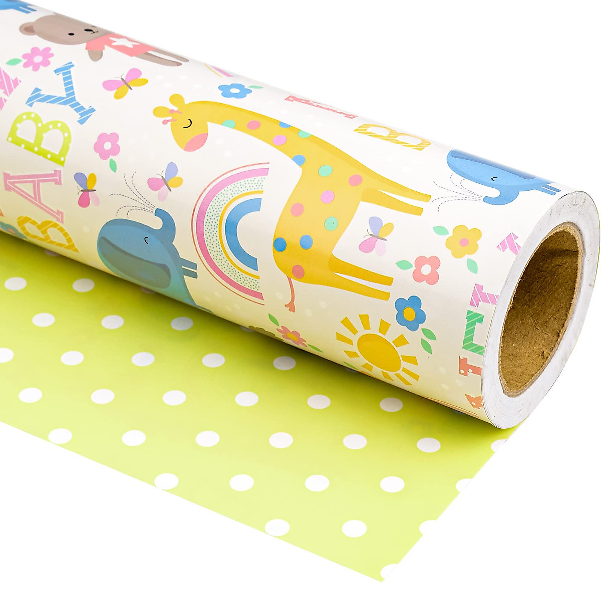 WRAPAHOLIC Reversible Baby Shower Wrapping Paper - Mini Roll - 17 Inch X 33 Feet - Animals & New Baby Design for Birthday, Holiday, Party
