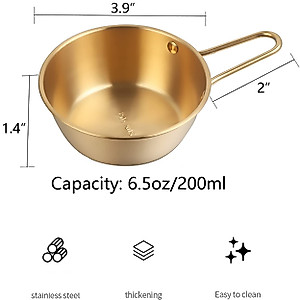 Dadamong 2Pcs Makgeolli Bowls, 304 Stainless Steel Korean Traditional Bowls Round Rice Bowl Wine Cup with Handle, Hiking Soup Dish Food Bowl Camp Cup (Small: 6.5oz, 3.9inch, Gold)