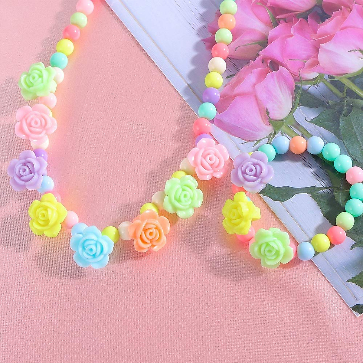 BigOtters Little Girls Necklace Bracelet, 3 Sets Lovely Colorful Beads Toddler Necklaces for Girls, Play Jewelry for Toddlers 2-4