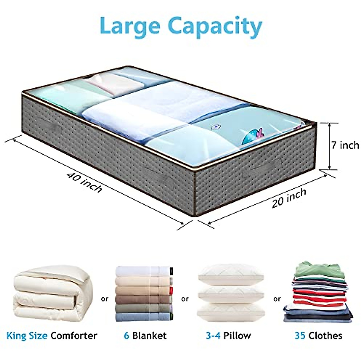 adikaka Underbed Storage Containers Bags 3-Pack, Foldable Large Fabric Container with Clear Window and Reinforced Handles for Clothes and Blankets - 40 x 20 x 7 Inches, Gray