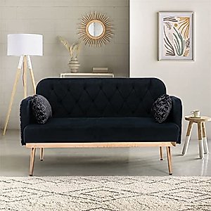 Modern Velvet Accent Sofa, 55" Upholstered Loveseat Sofa Couch with Button Tufted Backrest, Loveseat Accent Sofa with Elegant Pillows and Golden Metal Legs for Living Room Bedroom Office, Black