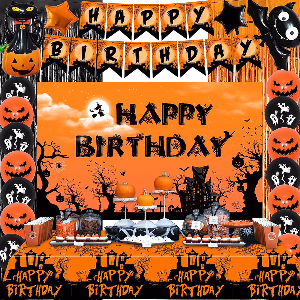 Halloween Birthday Party Decorations for Kids Adults, Halloween Themed Birthday Decorations Scary Happy Birthday Banner Balloons Tablecloth Foil Fringe Curtain, Halloween Party Supplies Indoor Outdoor