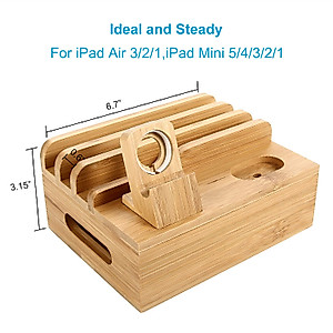 Bamboo Charging Station Dock for 4/5 / 6 Ports USB Charger with 5 Charging Cables Included, Desktop Docking Station Organizer for Cellphone,Smart Watch,Tablet(No Power Supply)