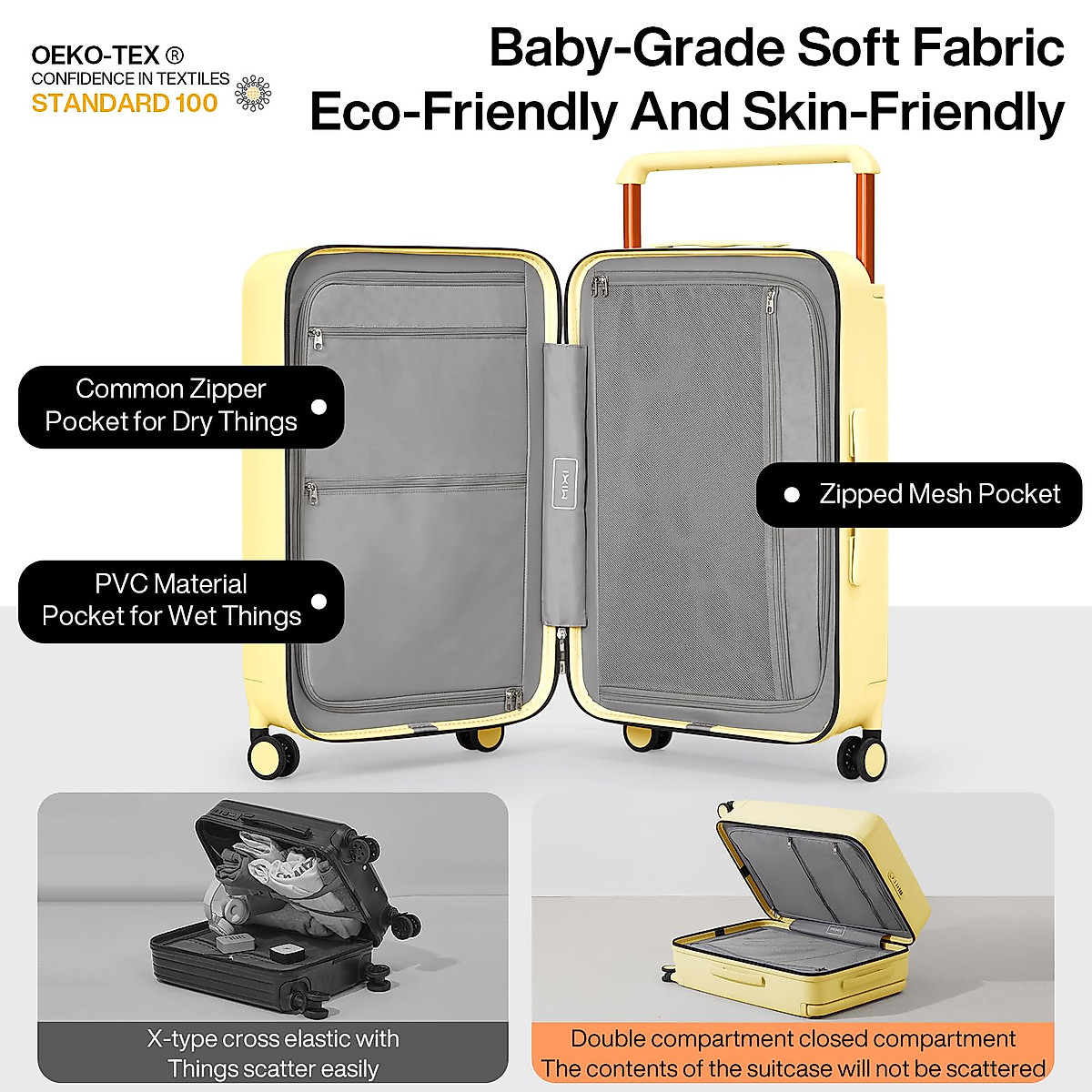 mixi Carry On Luggage Airline Approved 20'' Lightweight Luggage Wide Handle PC Hardshell Suitcases with Spinner Wheels & TSA Lock, Lark Yellow