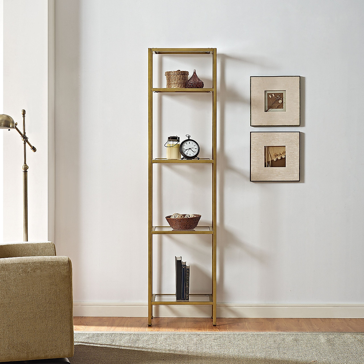 Crosley Furniture Aimee Narrow Bookshelf with Glass Shelves, Bookcase Storage, Gold and Glass