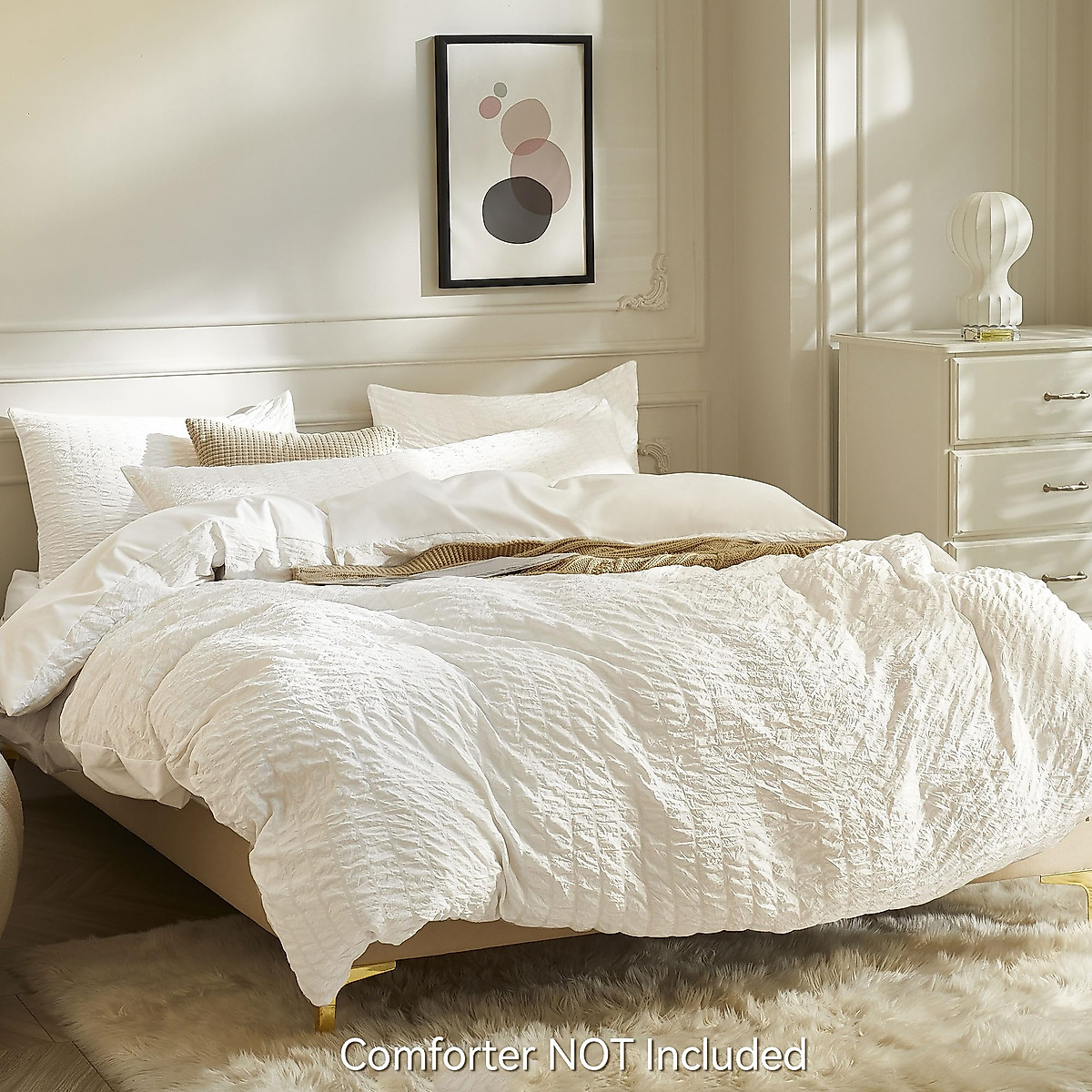 JELLYMONI White Duvet Cover Queen Size, 3pcs Washed Microfiber Bedding Set, Soft Breathable Seersucker Duvet Cover Set with Zipper Closure and Corner Ties for All Seasons