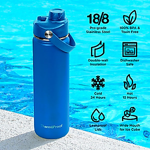 ThermoProof Hot & Cold Insulated Stainless Steel Water Bottle, Durable Leak Proof Gym Bottles for Men, Women & Kids, Double Walled Vacuum Bottles - 2 Lids (Blue, 22oz)