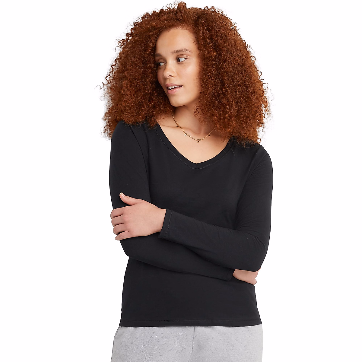 Hanes Comfortblend Women's Originals Long Sleeve Cotton T-Shirt, Lightweight V-Neck Tee, Modern Fit, Ebony, X-Large