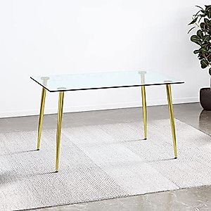 POULEII Glass Dining Table,Modern Minimalist Rectangular Table with Tempered Glass Tabletop and Golden Chrome Metal Legs for 6-8, Space Saving Dining Table for Kitchen Dining Room