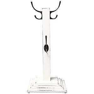 MyGift Vintage White Wood Tabletop Coffee Mug Holder Hanging Tree Rack with 4 Antique Brass Tone Double Hooks