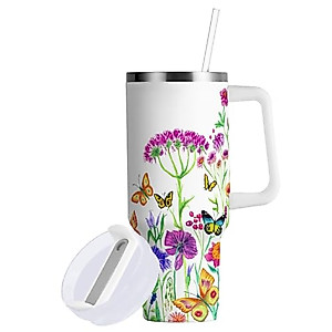ODAWA 40 Oz Wildflower Butterflies Stainless Steel Insulated Tumbler with Handle and Straw Travel Insulated Tumblers