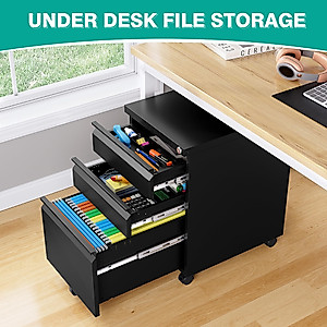 3 Drawer File Cabinet with Lock,Under Desk File Cabinet with Wheels,Black Rolling File Cabinet,Three Drawer Metal Filing Cabinet for Home Office,Fit A4/Letter/Legal File,Fully Assembled Except Casters