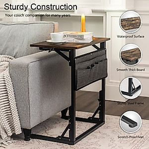 Joveco Folding C Shaped End Table, Couch Side Table with Storage Bag, Sofa Table with Metal Frame for Living Room Bedroom Small Spaces(23.6" L x 14.56" W x 27.75"), Rustic Brown