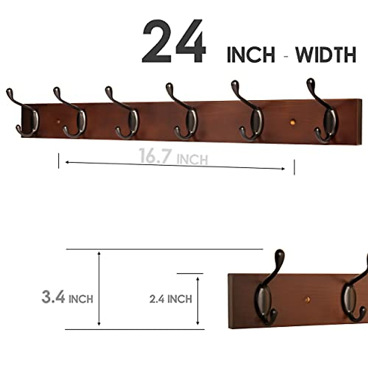 ROOREVO Coat Rack Wall Mount - 24 Inch with 6 Coat Hooks, Wall hat Hanger, Coat Racks, Walnut, Pack of 2
