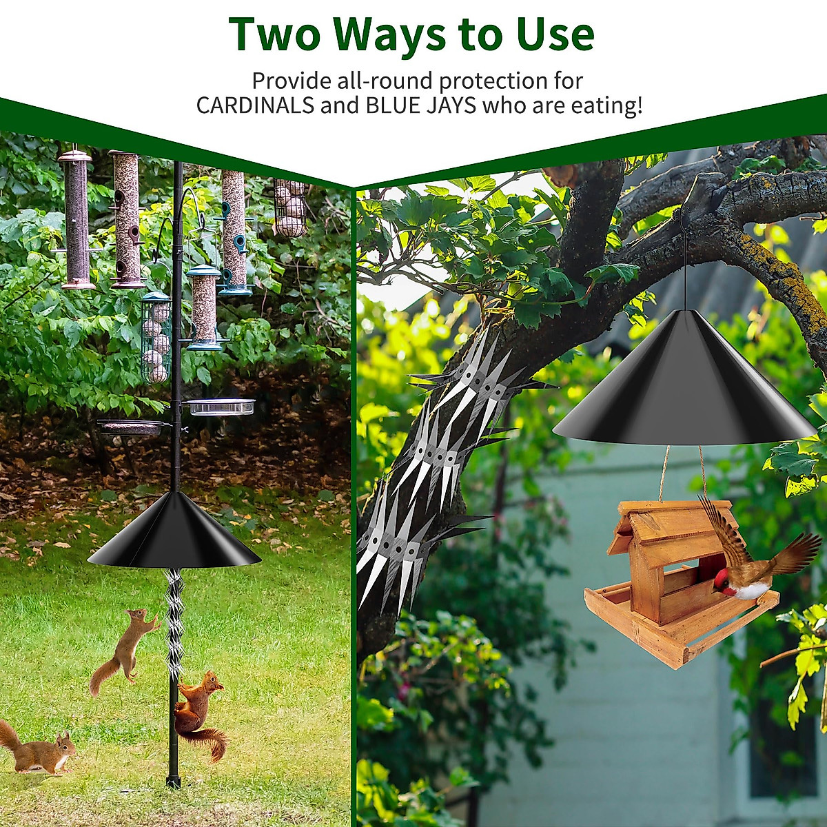 HQBRO 19 Inch 2 IN 1 Squirrel Baffle for Bird Feeder Pole Shepherd's Hook, Raccoons Buster Set with Spikes L 40", Bird House Guard for Outdoor Poles Mount & Hanging Cone,Rust Chew Proof Heavy Duty ABS