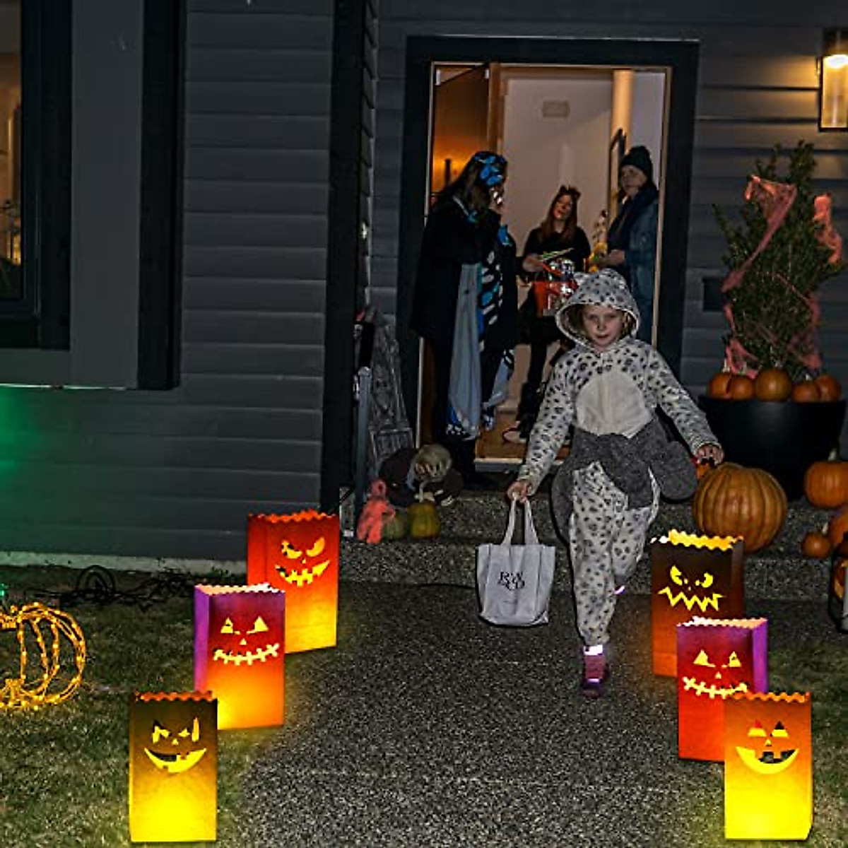 Fainne 60 Pcs Halloween Luminary Bags Halloween Flame Resistant Candle Bag Halloween Pumpkin Silhouette Candle Bags Halloween Candle Holder Bag for Home Halloween Party Decorations, 5 Designs