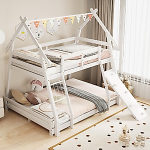 Costzon Twin Over Queen Bunk Bed, House Shaped Bed Frame with Climbing Nets and Ramp, Safety Guardrail, No Box Spring Needed, Wooden Kids Bed for Boys Girls (White, Twin Over Queen)