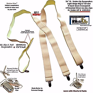 Holdup Traditional Style Tan 1 1/2" Under-Ups Suspenders for Men with USA Patented Metal "No-Slip" clips
