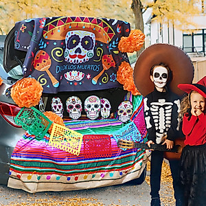 Buryeah 23 Pcs Halloween Day of The Dead Trunk or Treat Car Decorations Kit Dia De Los Muertos Themed Car Decor Mexican Serape Marigold Flower Heads Cutouts Background for Car Trunk